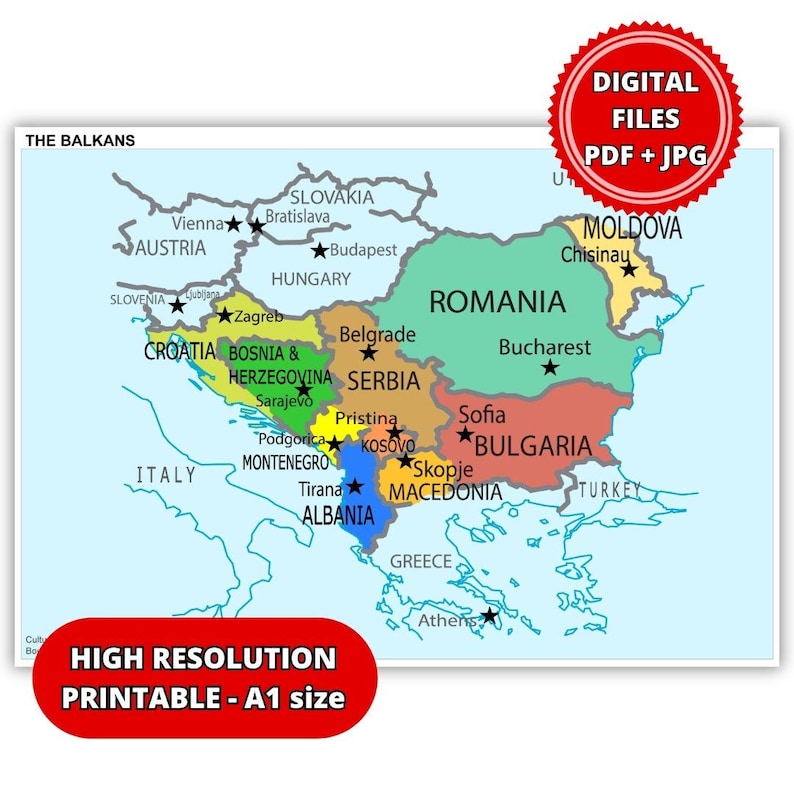 The Balkans Political Map, High-resolution JPG + PDF (printable Digital ...