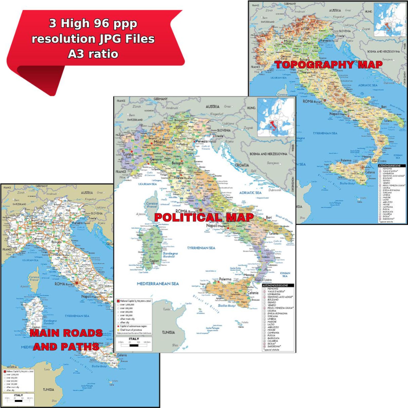 Italy Political DIGITAL Map Printable With Regions Cities Borders & 2 ...