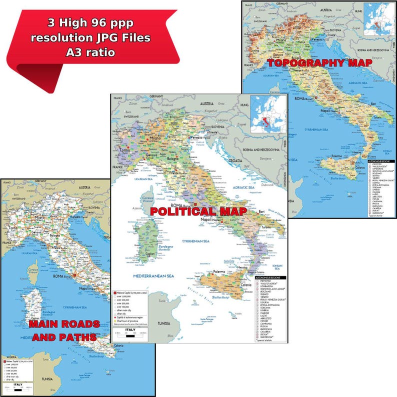 Italy Political DIGITAL Map Printable With Regions Cities Borders & 2 ...