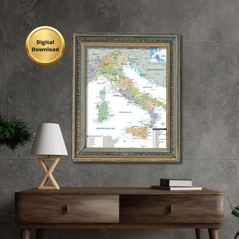 Italy Political DIGITAL Map Printable With Regions Cities Borders & 2 ...