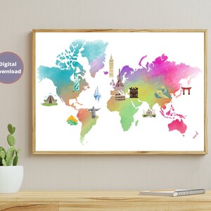 Printable World Map with Iconic monuments, including the Seven Wonders ...