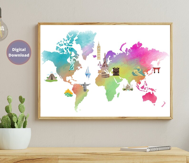Printable World Map with Iconic monuments, including the Seven Wonders ...