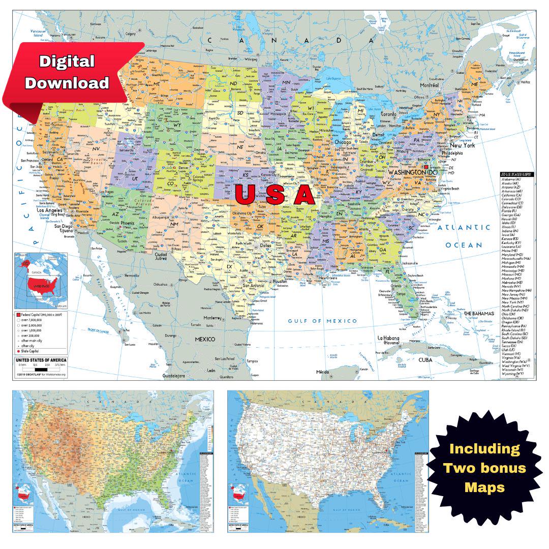Printable NORTH AMERICA Map Set A3 Digital Download USA, Canada ...