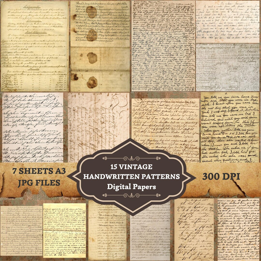 15 Patterns Vintage Handwritten Digital Papers Antique Aged Manuscripts ...