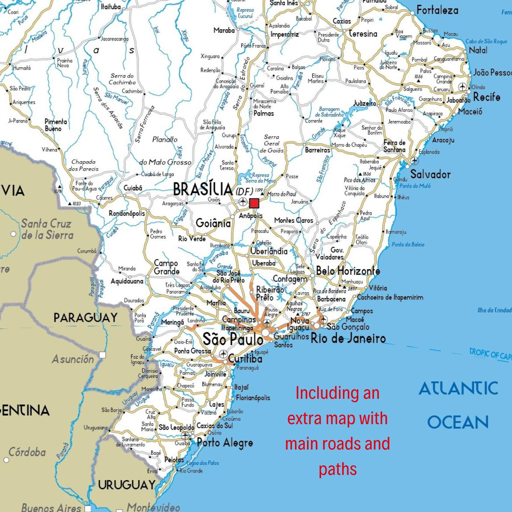 Printable BRAZIL Political Map + Topography & Roads - Etsy
