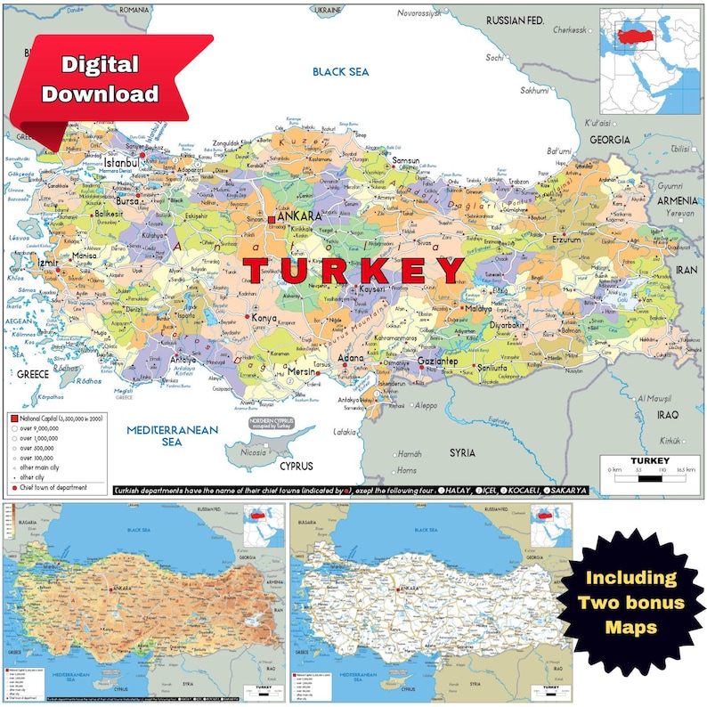 Printable TURKEY Political Map and 2 Bonus Topography & Roads - Etsy