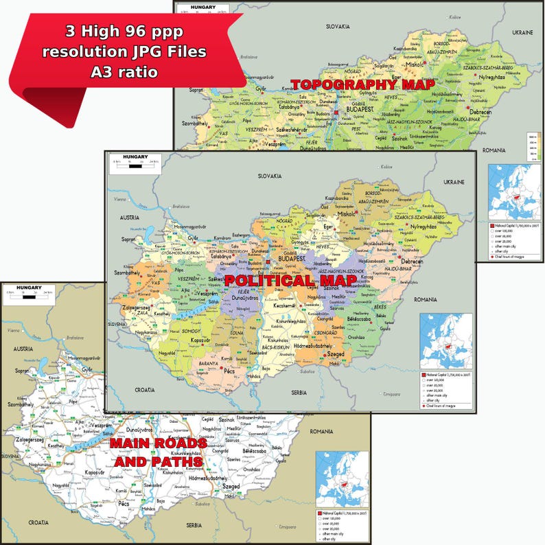 HUNGARY Political Map Printable + Roads & Topography Bonus - Etsy