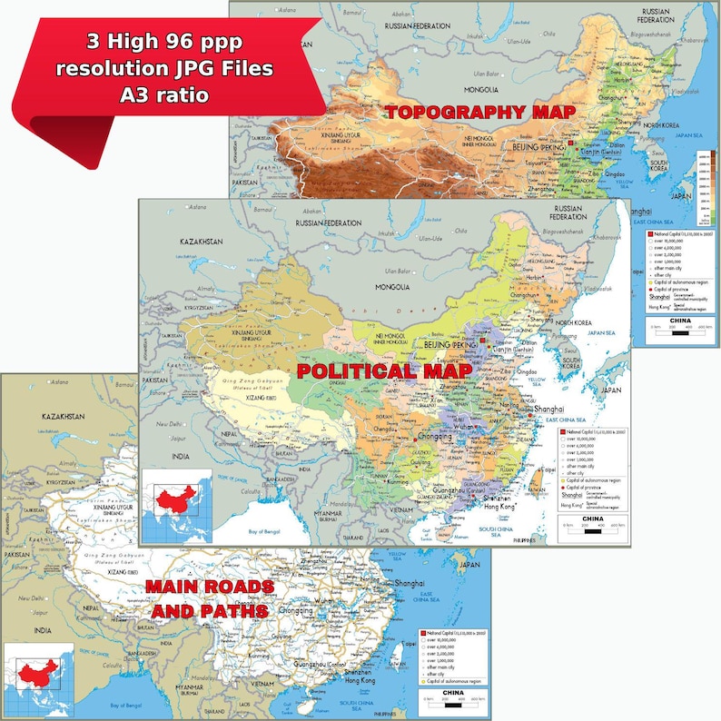 China Political Map Digital Download Printable Administrative, Road ...