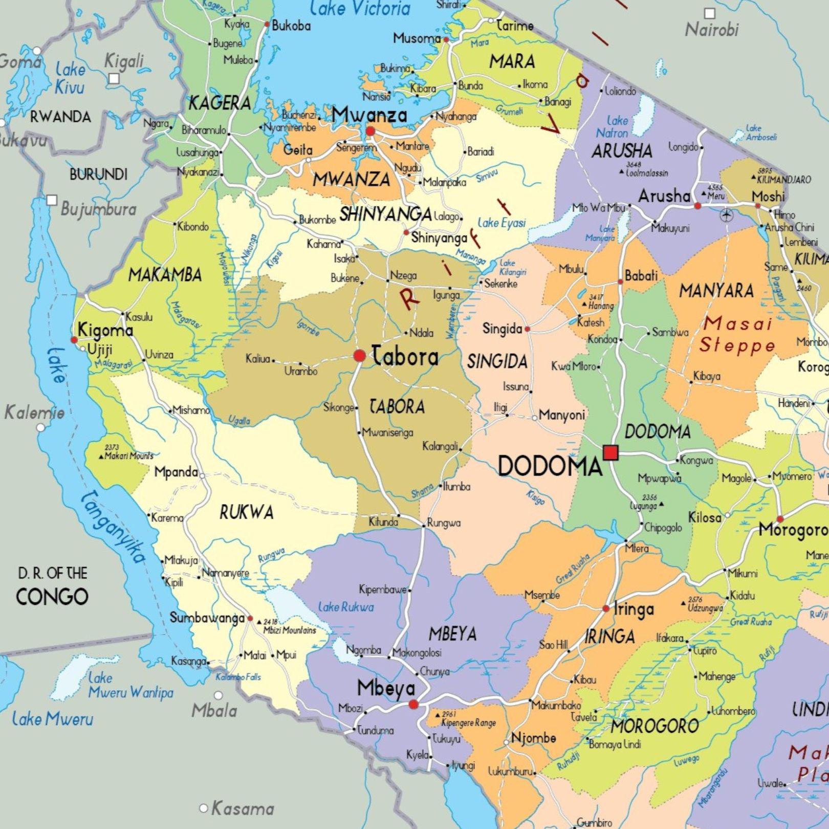 Printable Tanzania Political Map + Topography & Roads - Etsy UK