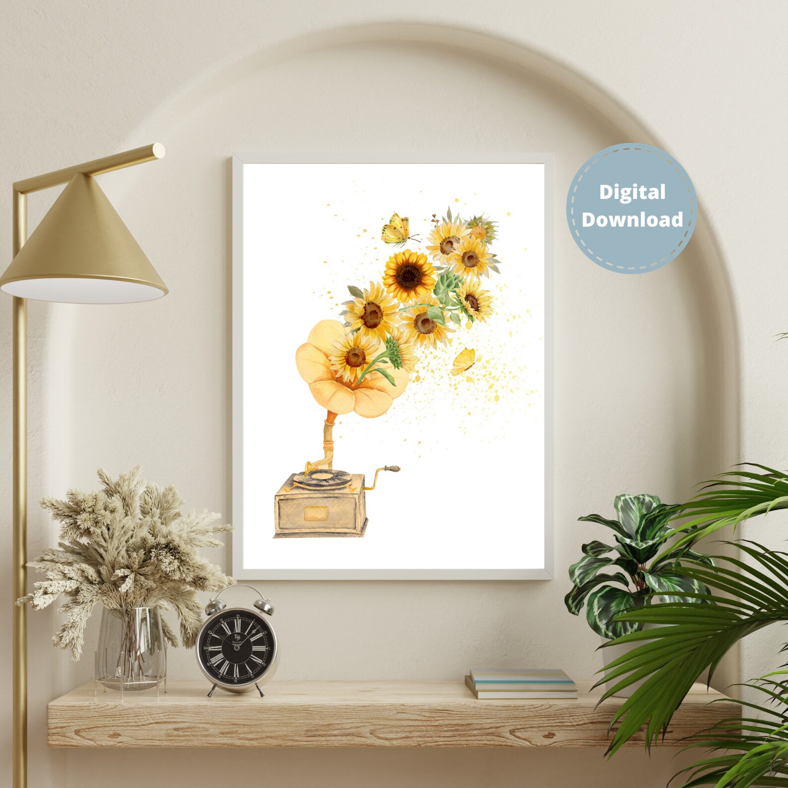 Printable Phonograph and sunflowers wall decor, Vintage Record Player ...