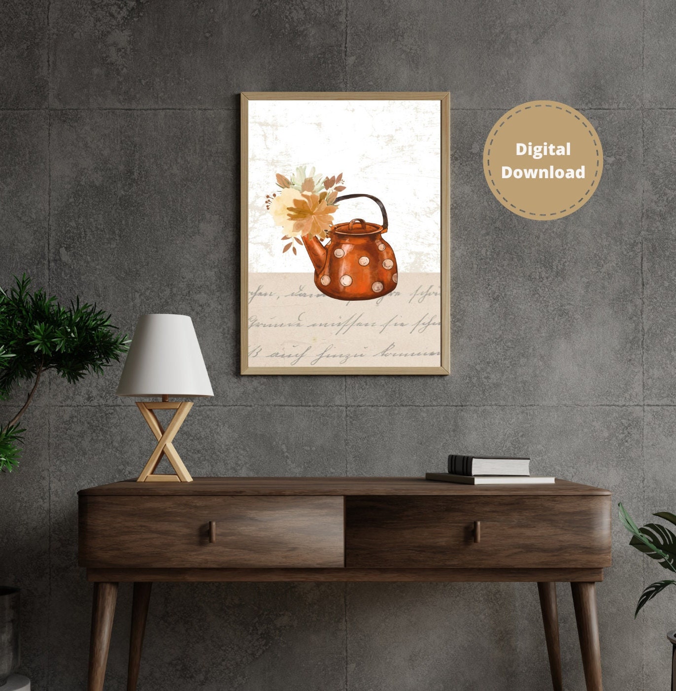 Printable Vintage Tea Kettle and Flowers Poster, Teapot for Warm Colors ...