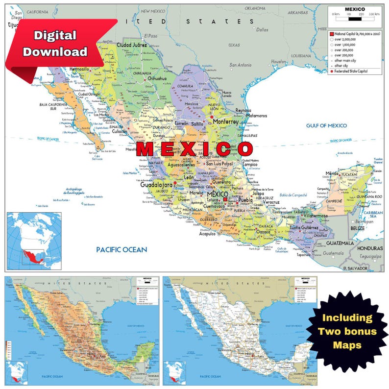Colorful MEXICO Printable Political Map A3 Digital Download With ...