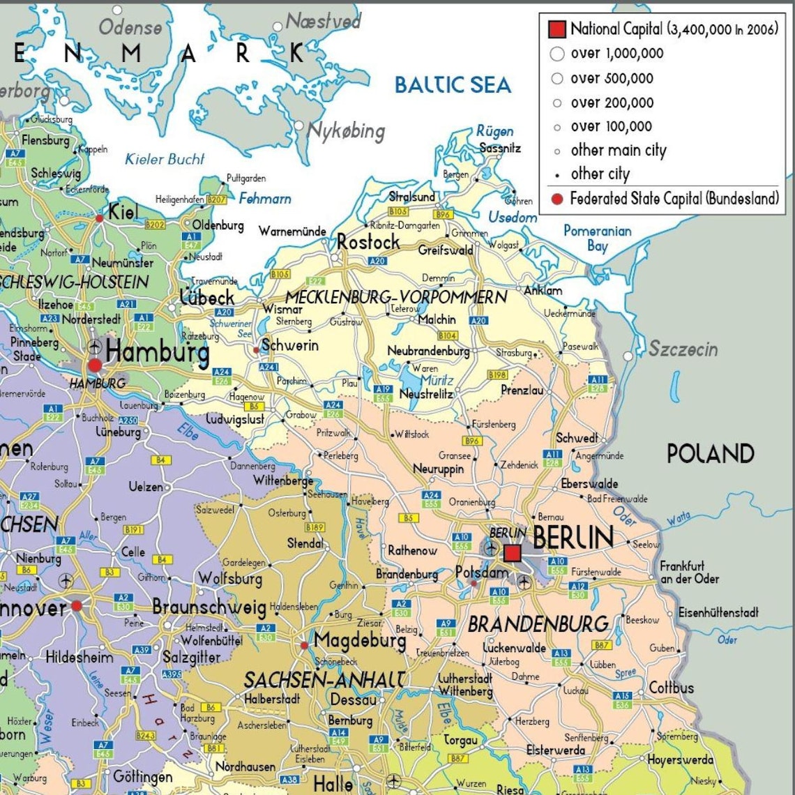 Germany Printable Political Map Detailed DIGITAL Mapping with Cities ...