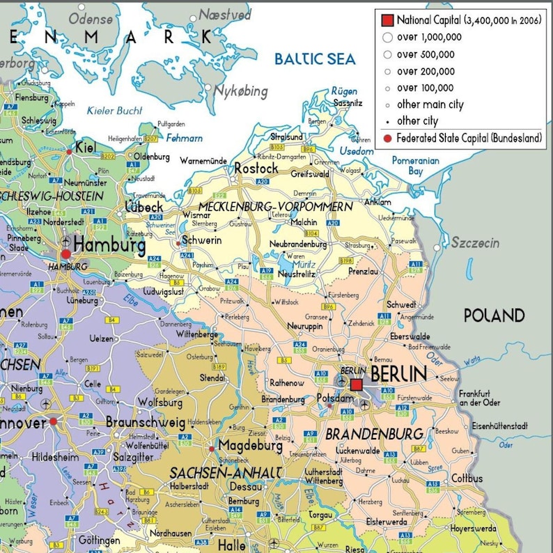Germany Printable Political Map Detailed DIGITAL Mapping with Cities ...