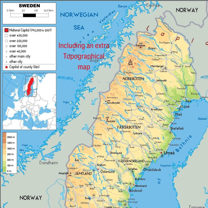 Printable SWEDEN Political Map + 2 Bonus Roads & Topographical - Etsy