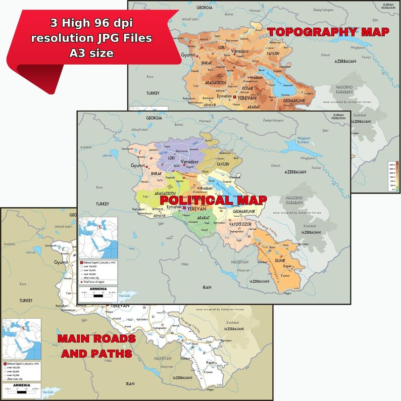 Armenia Map Set: Political, Physical & Road (printable) - Etsy