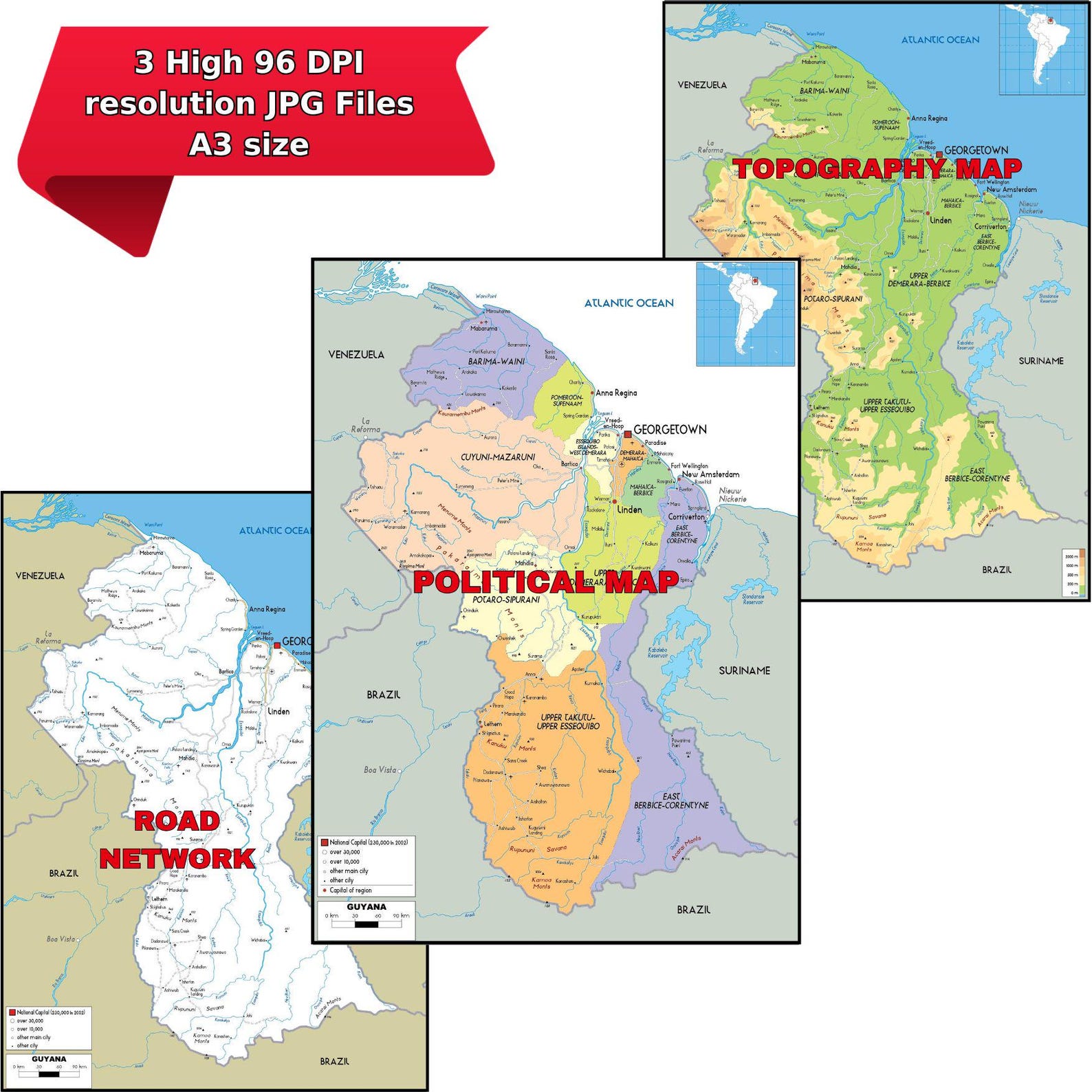 Guyana Digital Maps – Political, Physical & Road (printable) - Etsy