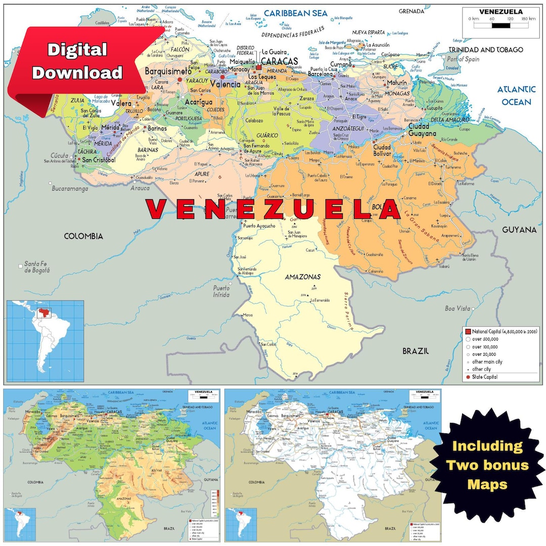 Venezuela Map Set: Political, Physical & Road Network (printable ...