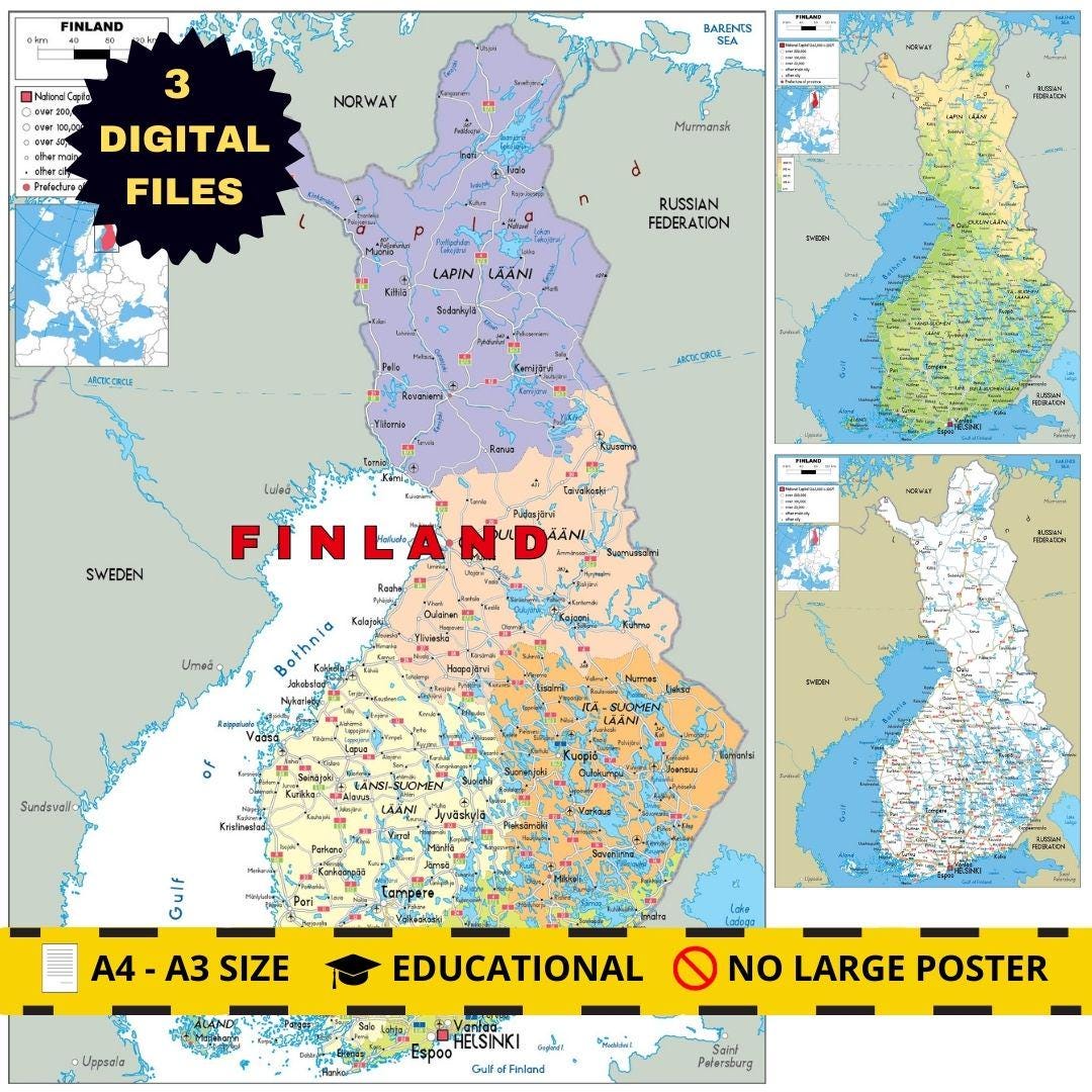 Finland Political Map + Physical & Road (printable A3) - Etsy