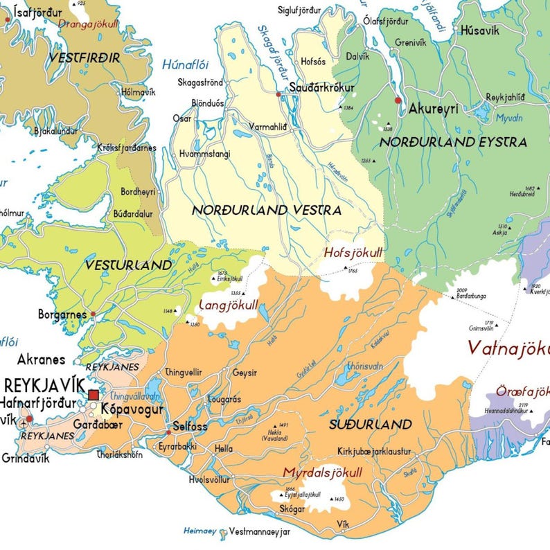 Iceland Political Map Printable + 2 Bonus Road & Topography Posters ...