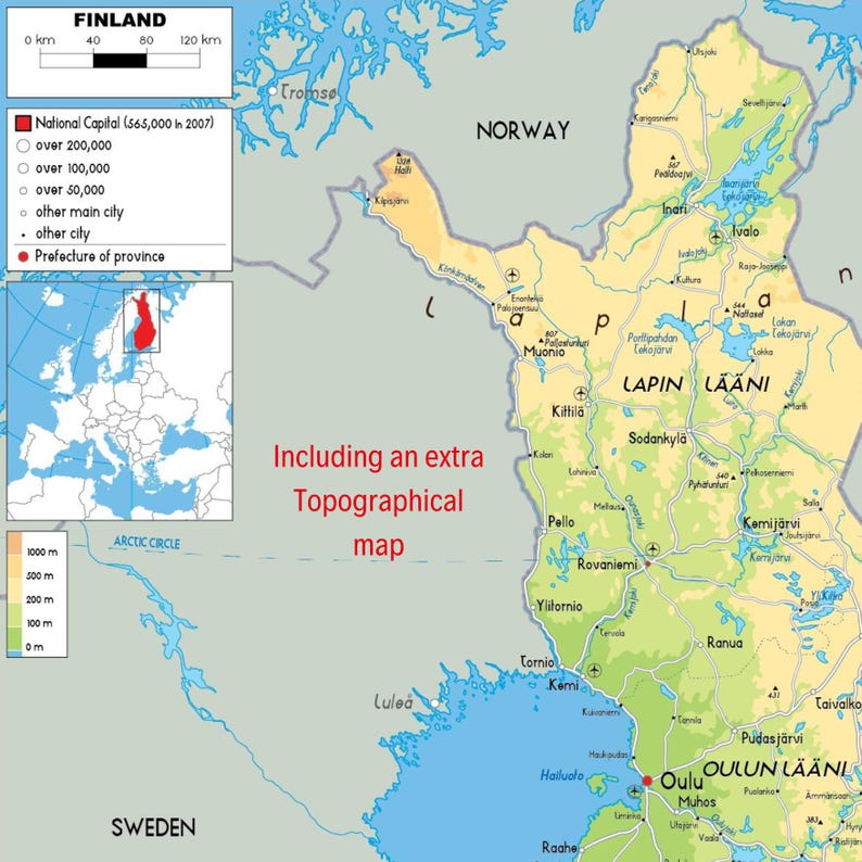 Finland Political Map + Physical & Road (printable A3) - Etsy