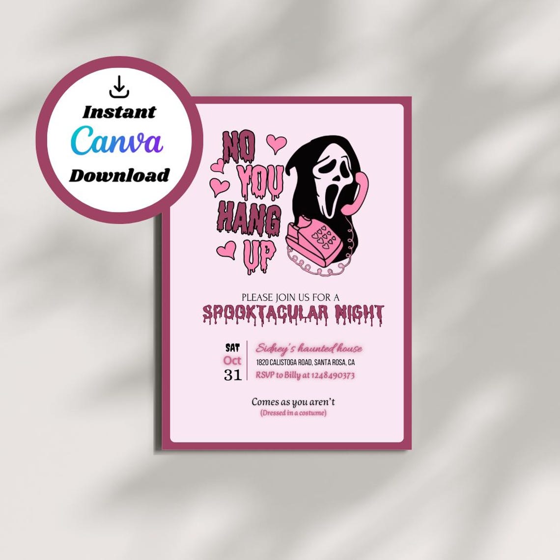 Ghost Face Halloween Party Invitation, Scream Halloween Invite, Pink ...