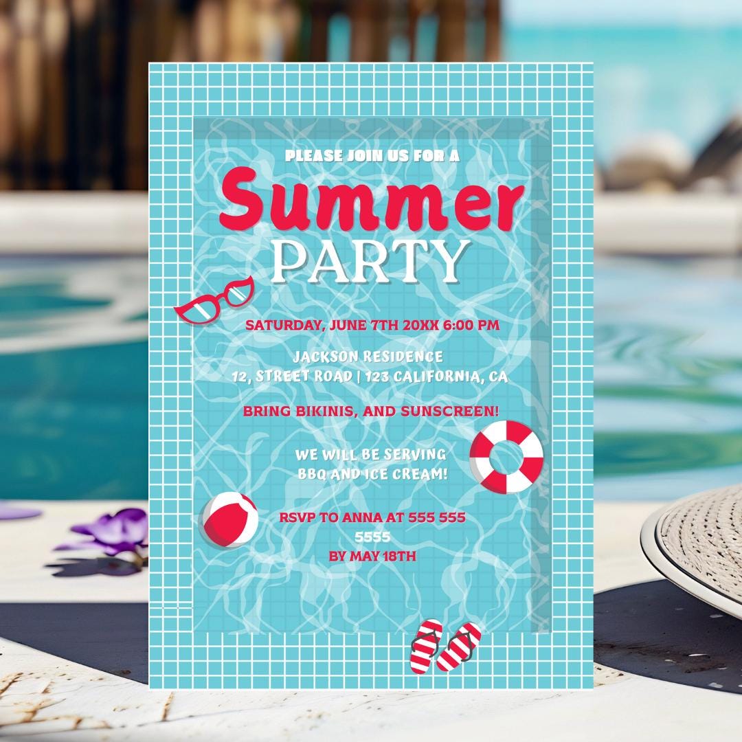 Summer Pool Party Invitation, Customizable Poolside BBQ Invite, Summer ...