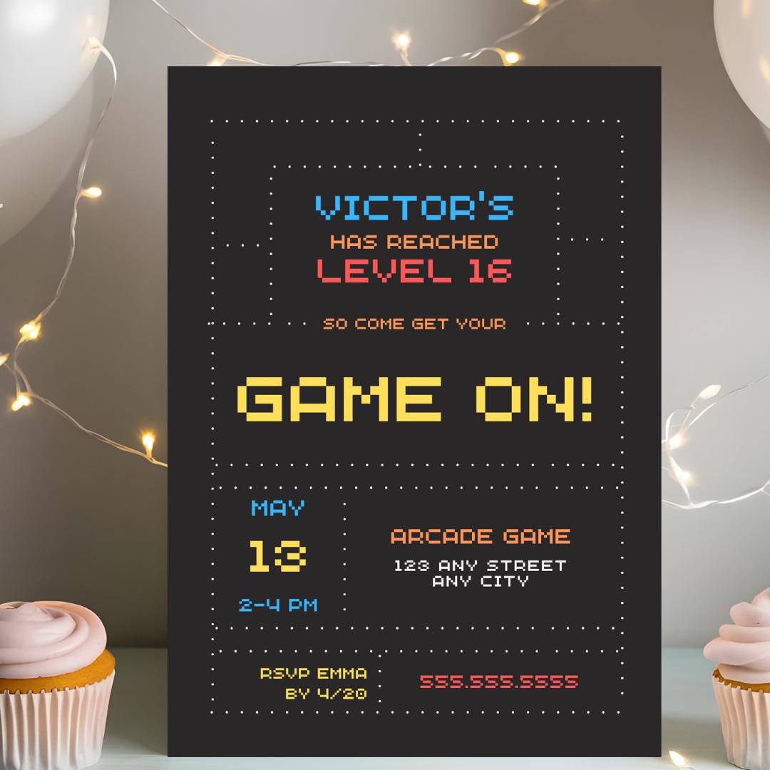 Video Game Birthday Party Invitation | Pixel Arcade Theme Retro Video ...