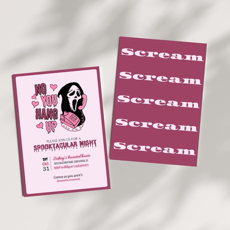 Ghost Face Halloween Party Invitation, Scream Halloween Invite, Pink ...