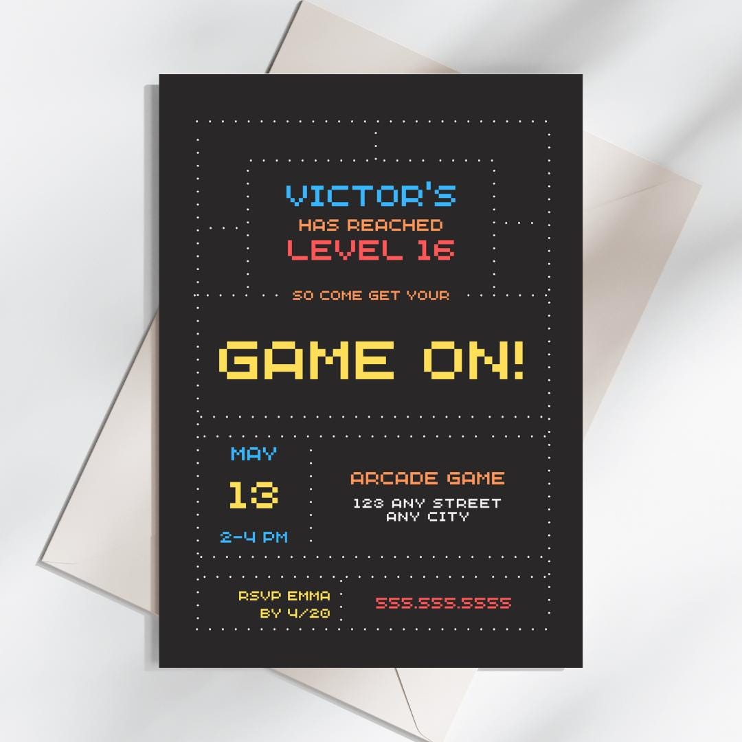 Video Game Birthday Party Invitation | Pixel Arcade Theme Retro Video ...