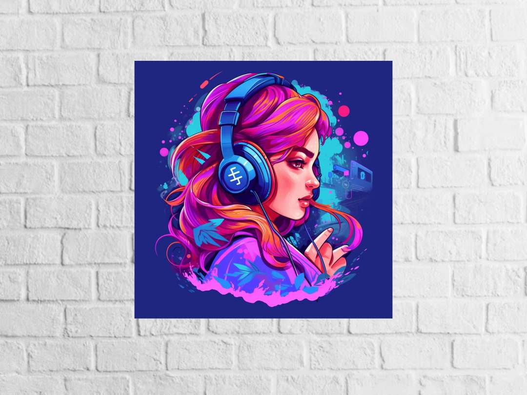 Digital Gamer Girl: Vibrant Colours, Headphones, Gaming Vibes, Blue ...