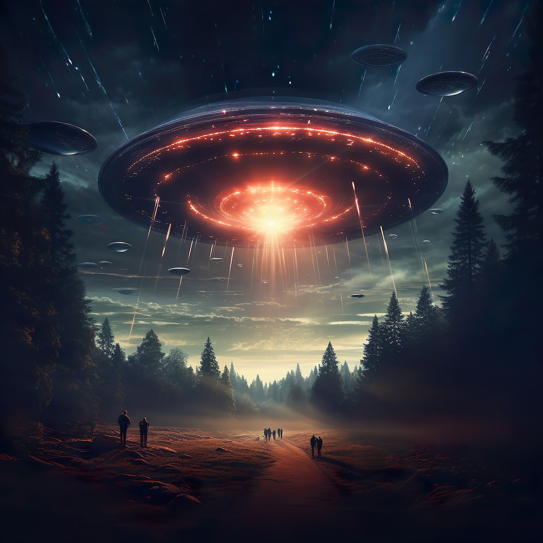 Night Scene With Ufos in the Forest Mystical Sci-fi Digital Painting - Etsy