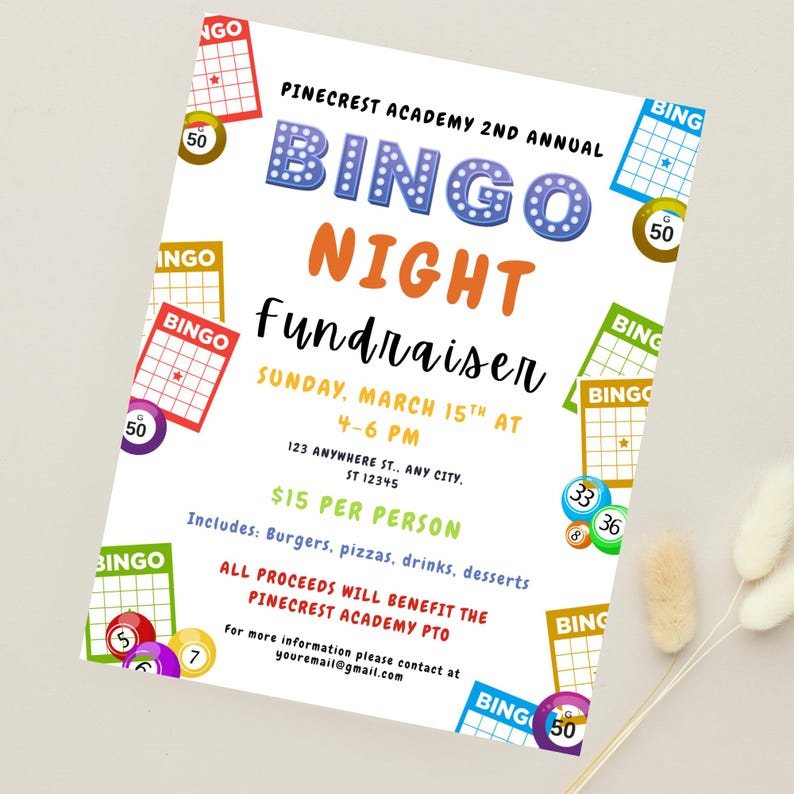 Editable Bingo Night Flyer Template: School Fundraiser Invite (PDF ...