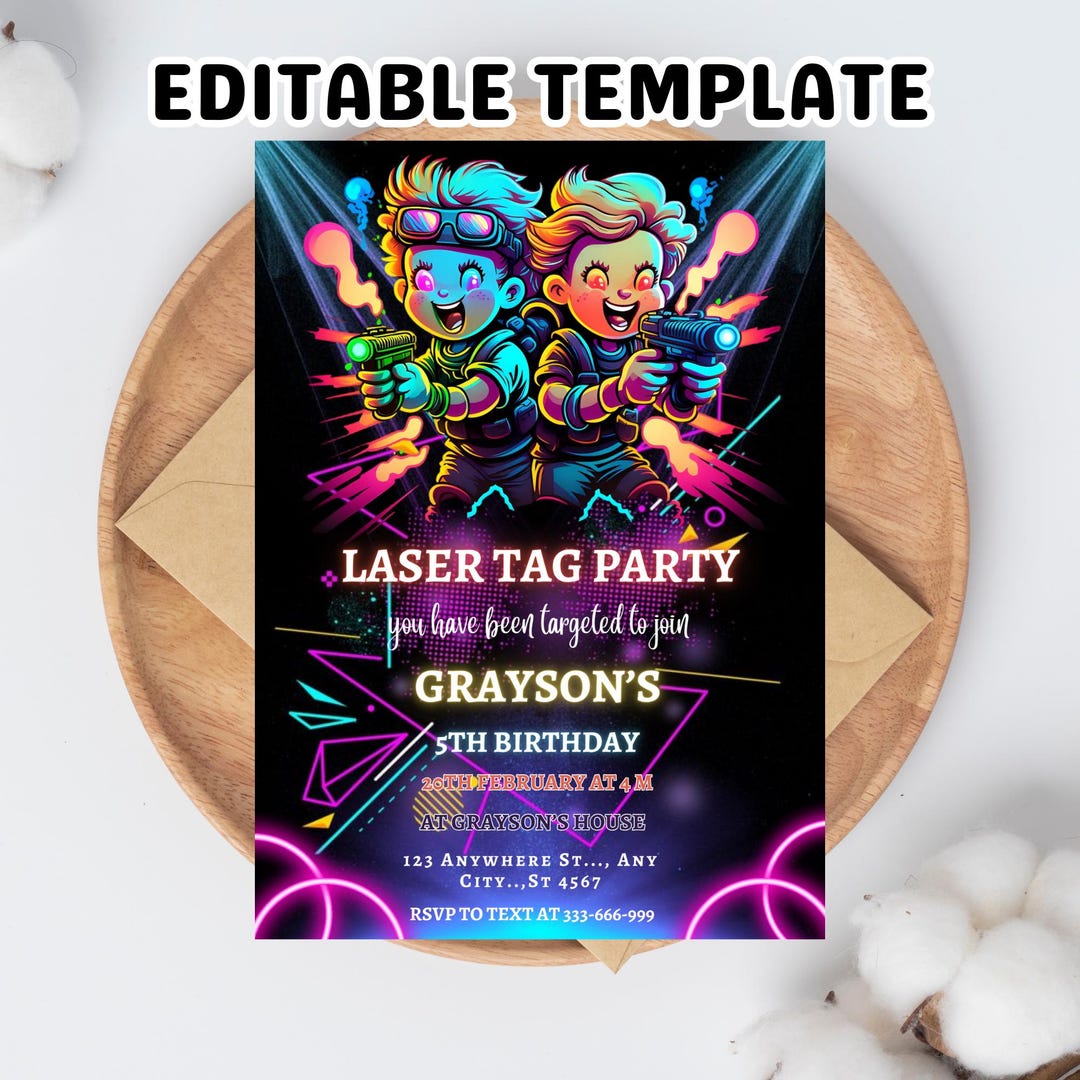 Editable Laser Tag Birthday Party Invitation, Neon Birthday Party, Glow ...