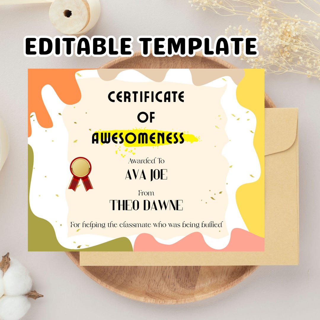 Editable, Printable, Certificates, Certificate of Awesomeness, Instant ...