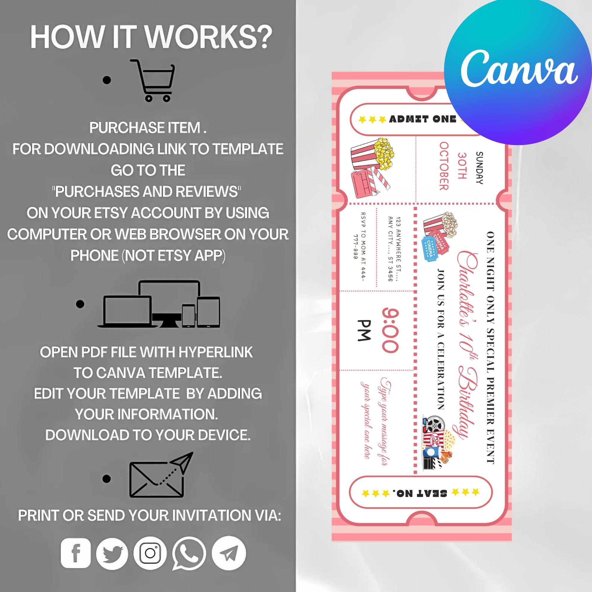 Pink Movie Night Invitation: Vintage Ticket Stub, Birthday Party ...