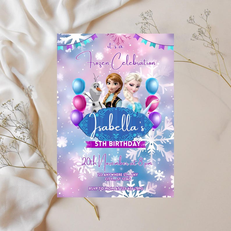 Editable Frozen Birthday Invitation: Elsa Party, Canva Template (5x7 In ...