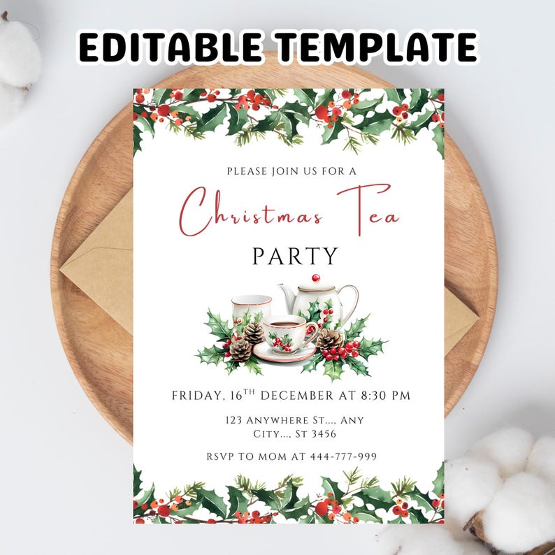 Editable Christmas Tea Party Invitation, Holiday Floral (digital ...