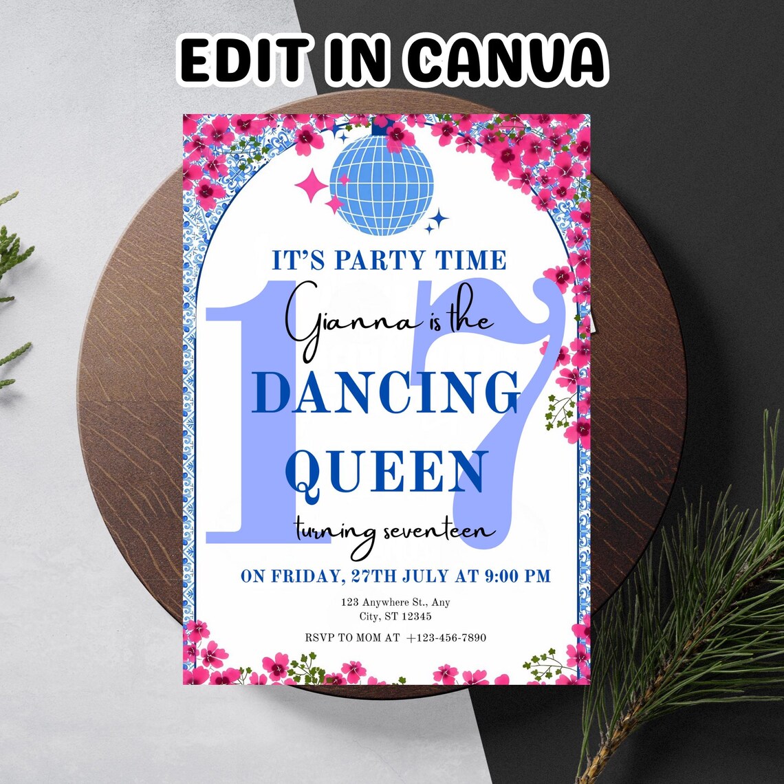Dancing Queen 17th Birthday Invitation: Mamma Mia Theme, Editable Canva ...