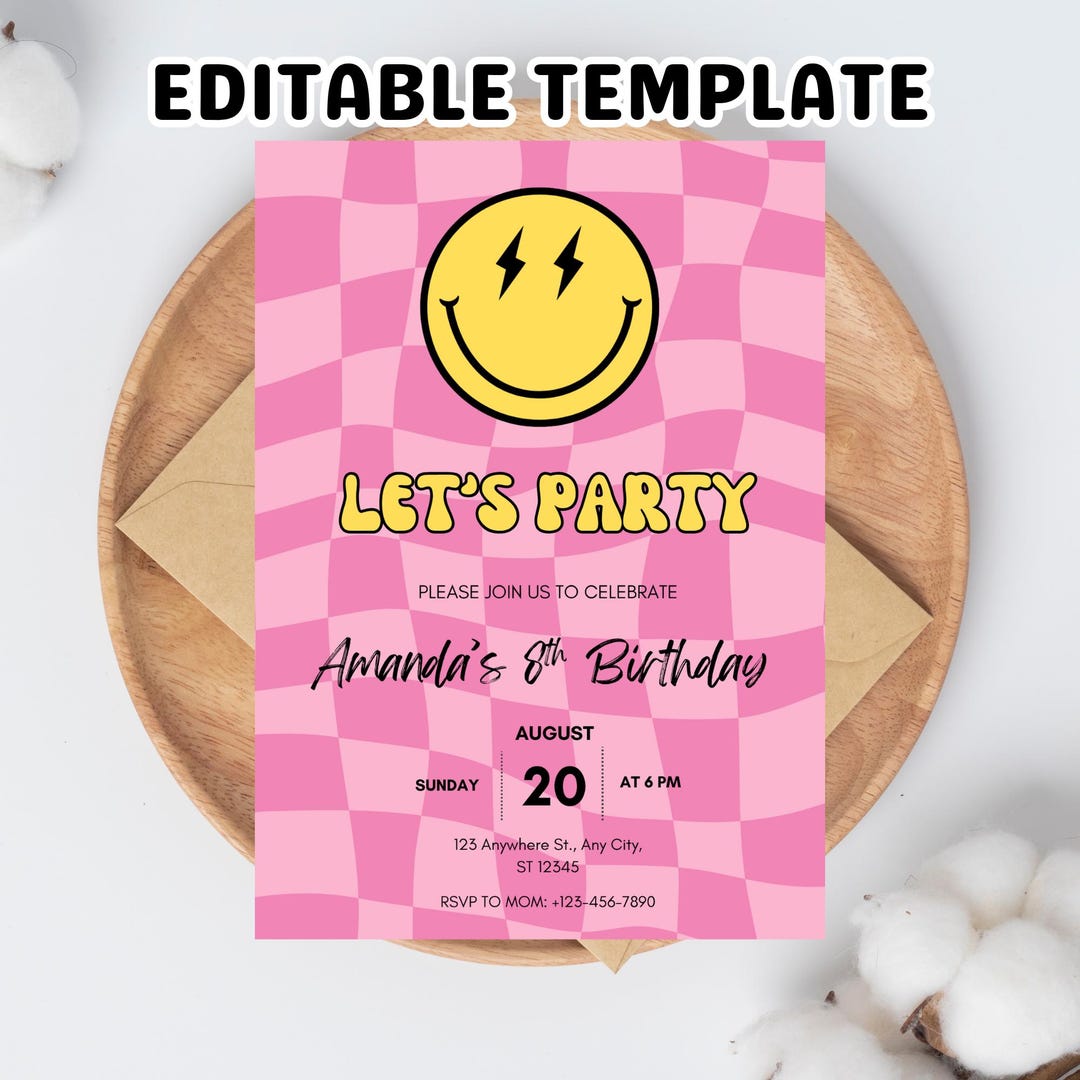 Boy Smiley Face Let's Party Birthday Invitation, Smile Face Groovy ...