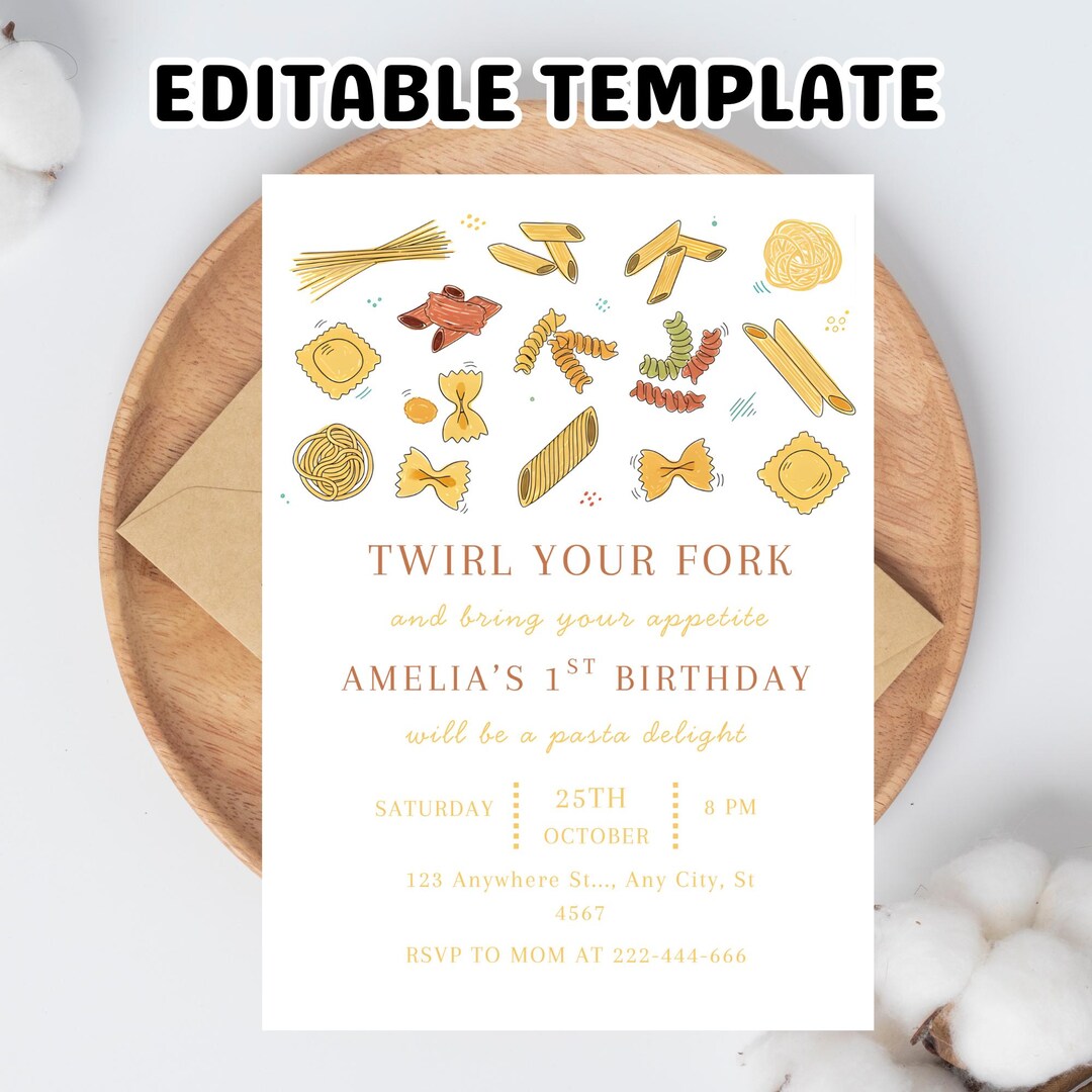 Editable Pasta Birthday Invitation, Italian Food Theme (digital ...