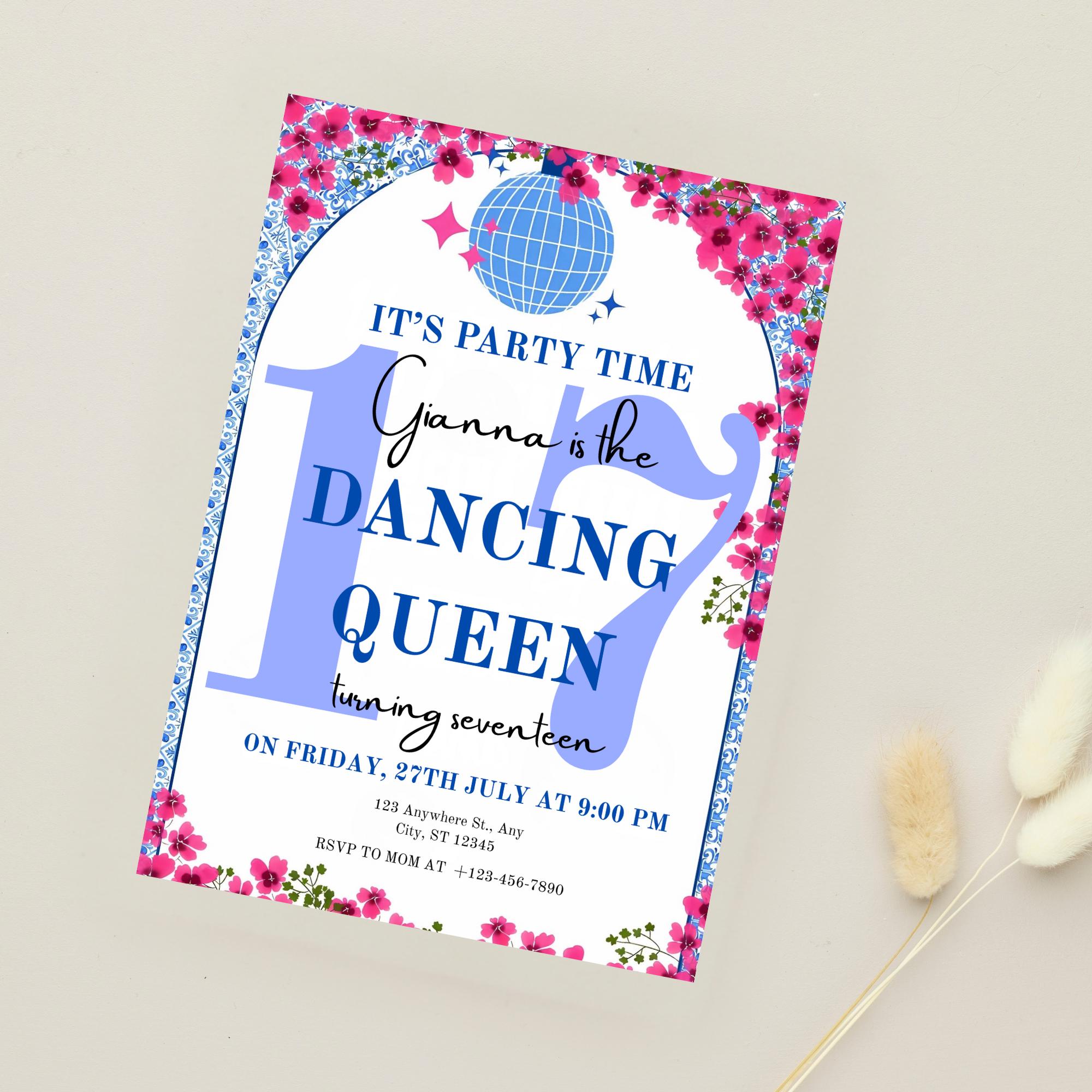 Dancing Queen 17th Birthday Invitation: Mamma Mia Theme, Editable Canva ...