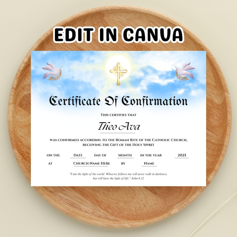 Confirmation Certificate Template, Printable Editable Certificate of ...