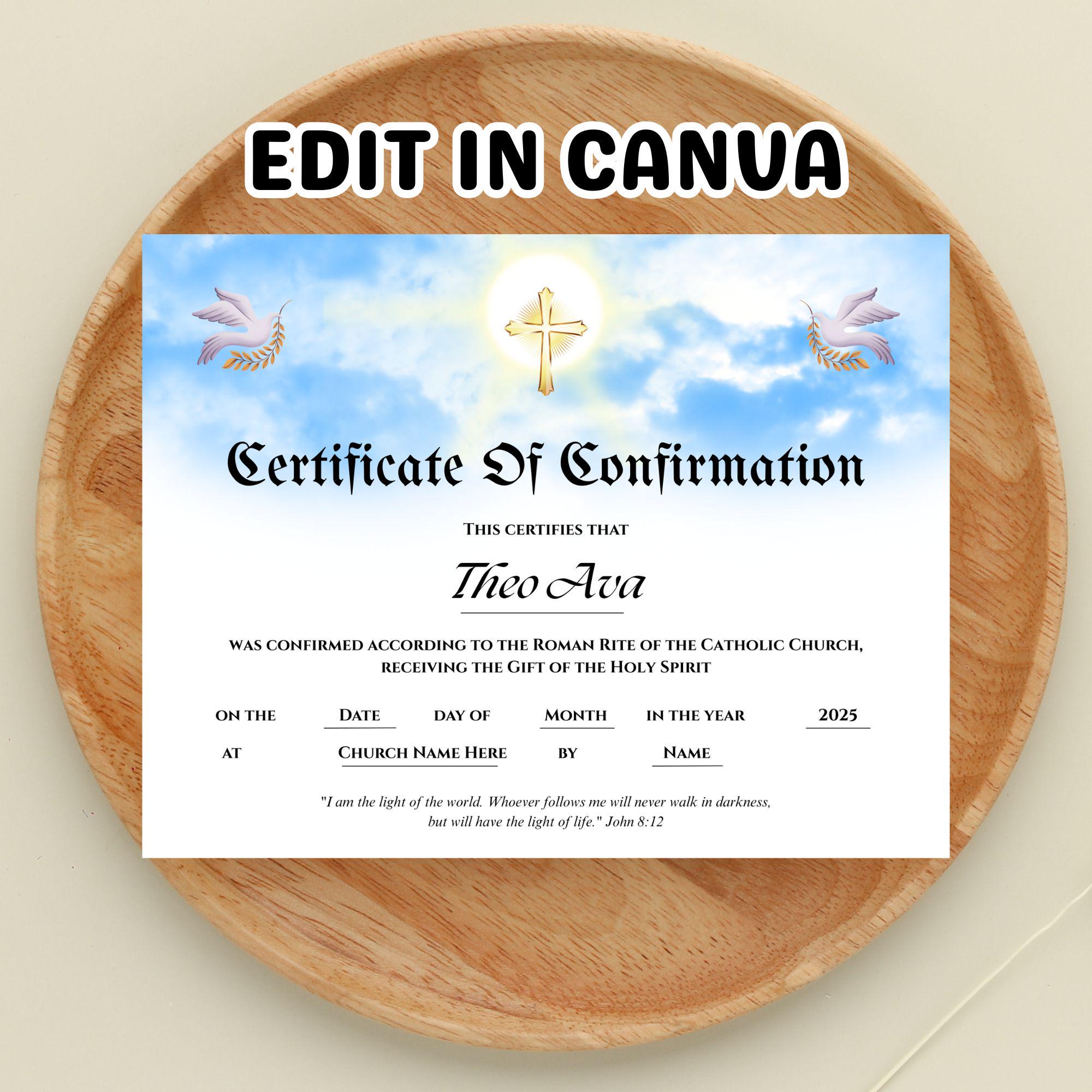 Confirmation Certificate Template, Printable Editable Certificate of ...