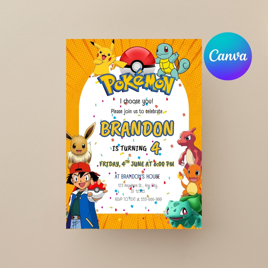 Editable Pokemon Birthday Invitation, Printable Party Invite (canva ...