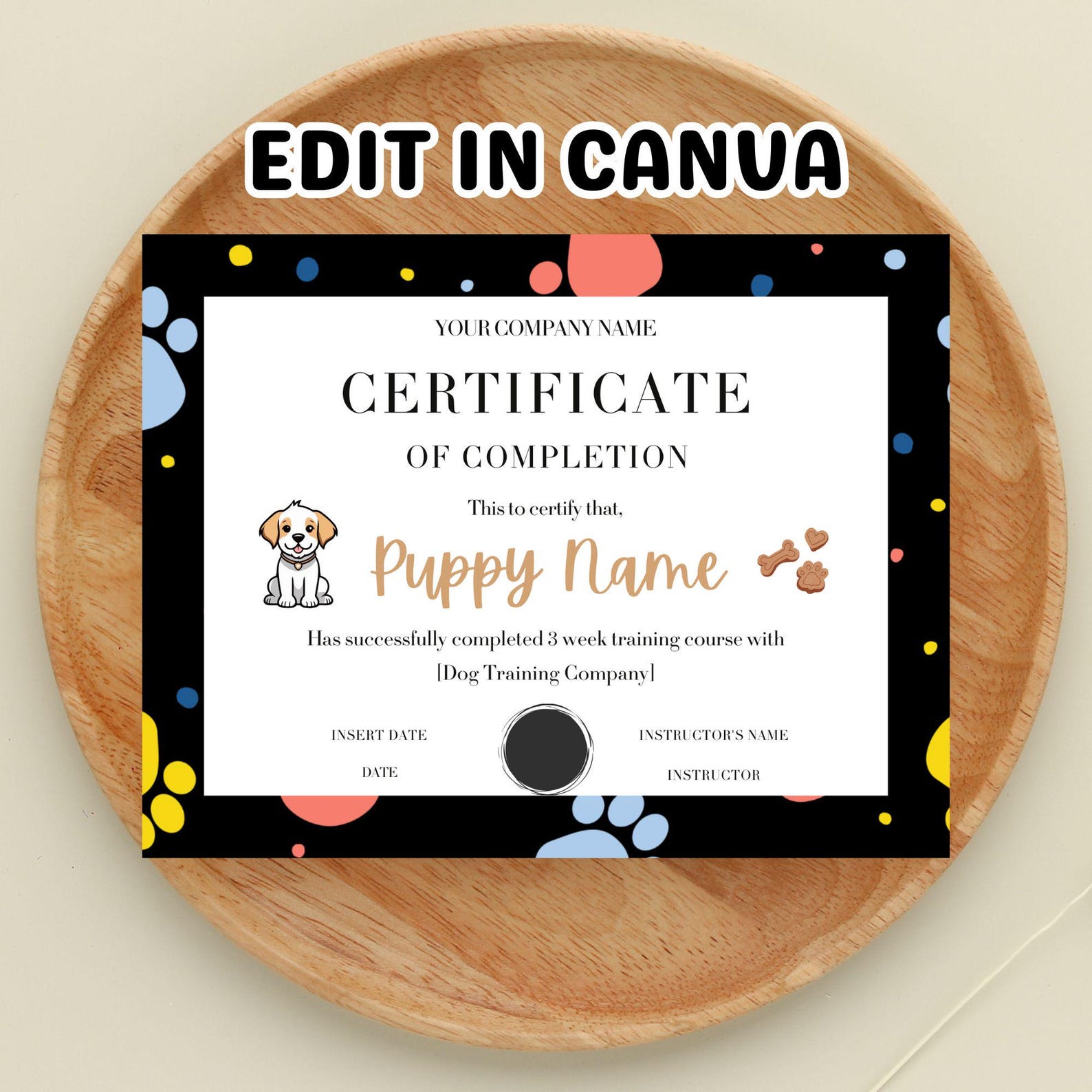Editable Dog Training Certificate Template: Canva Printable (instant ...