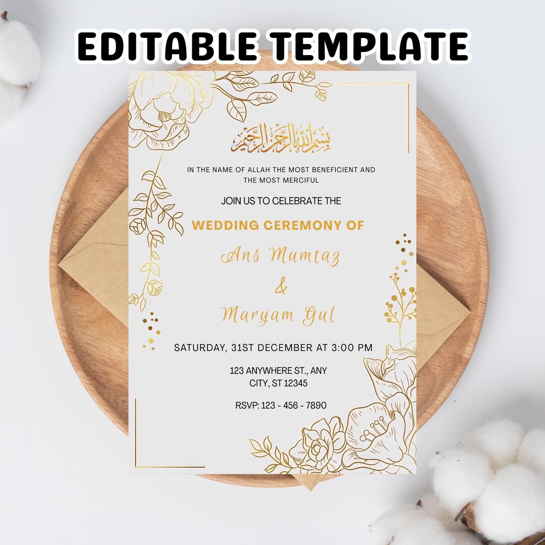 Golden Nikkah Invitation Template: Editable Muslim Wedding Walima ...