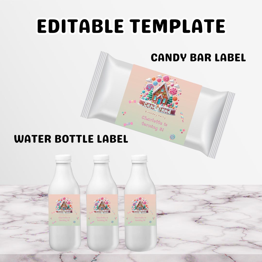 Candyland Birthday Labels, Gingerbread House, Candy Bar, Water Bottle ...