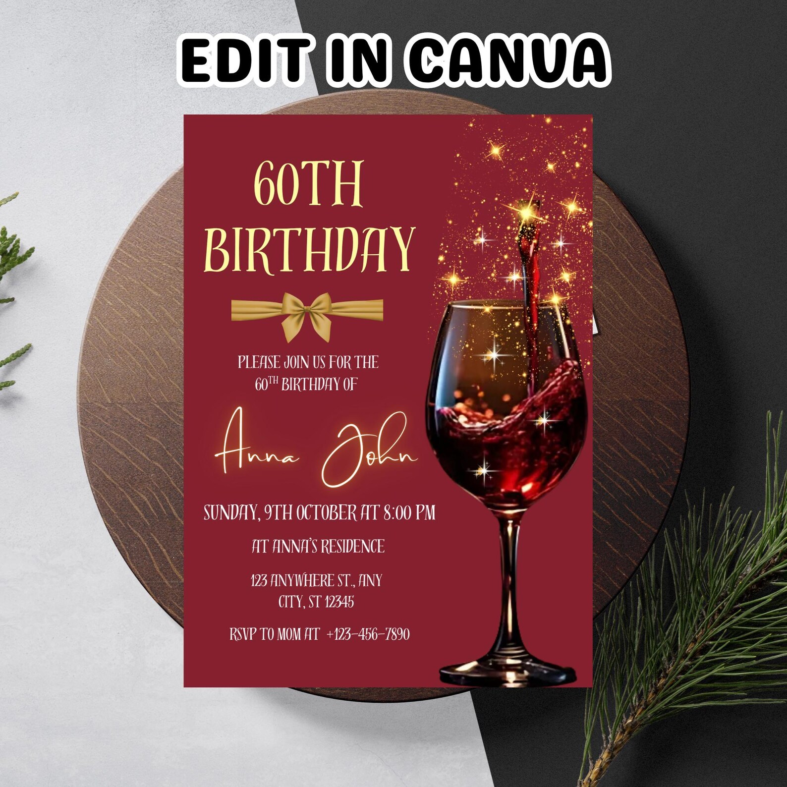 Maroon & Gold 60th Birthday Invitation: Red Wine Theme (digital ...