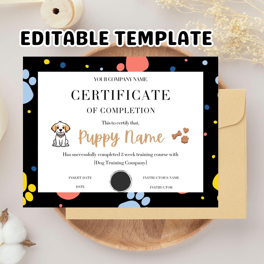 Dog Puppy Training Certificate Template, Editable in Canva, Printable ...